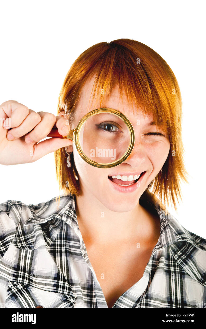 woman with magnifying glass isolated on a white background Stock Photo ...