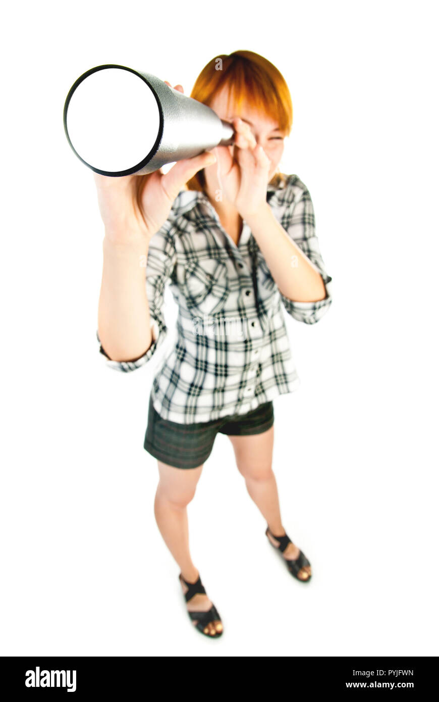 woman with telescope isolated on a white background Stock Photo - Alamy