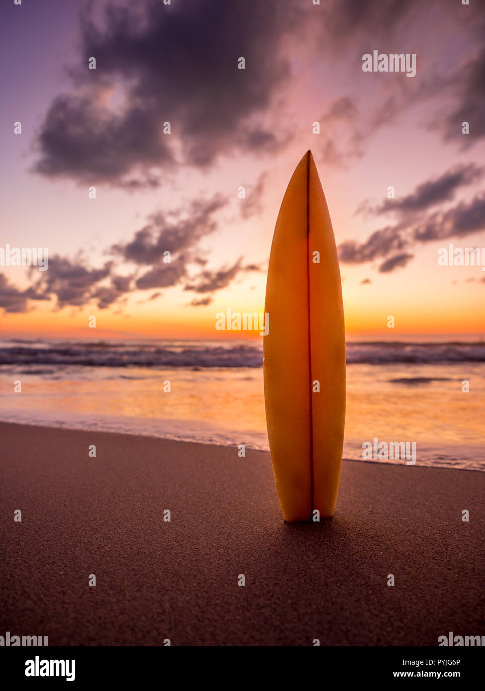 surfboard on the beach in sea shore at sunset time with beautiful light ...