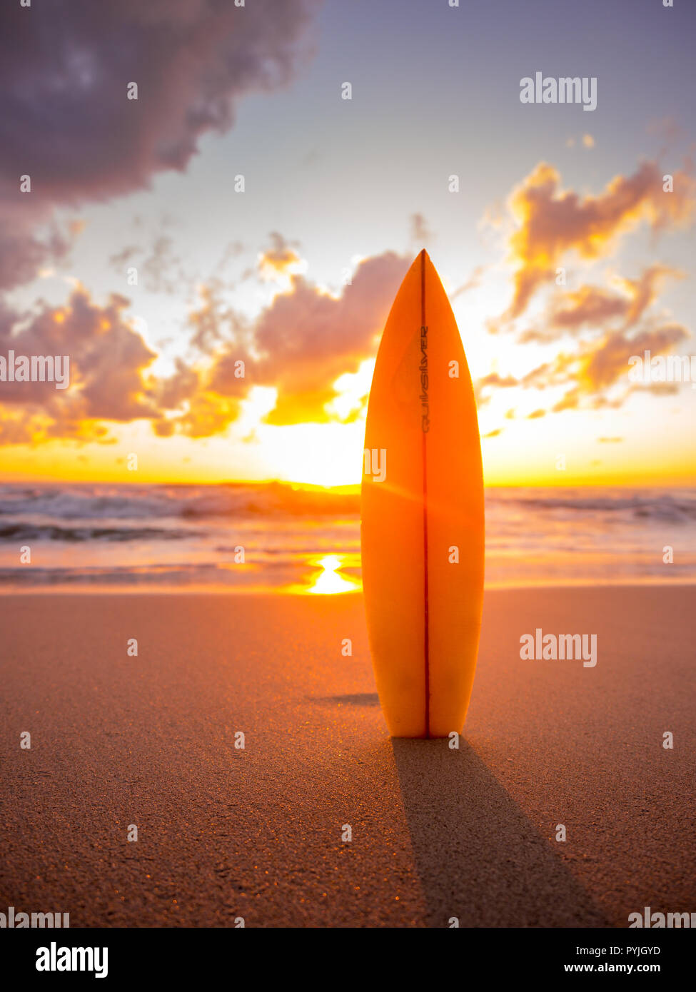 surfboard on the beach in sea shore at sunset time with beautiful light ...