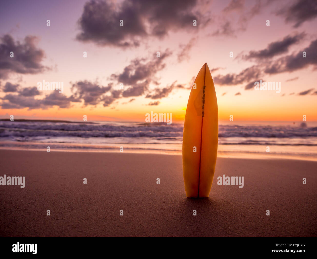 surfboard on the beach in sea shore at sunset time with beautiful light ...