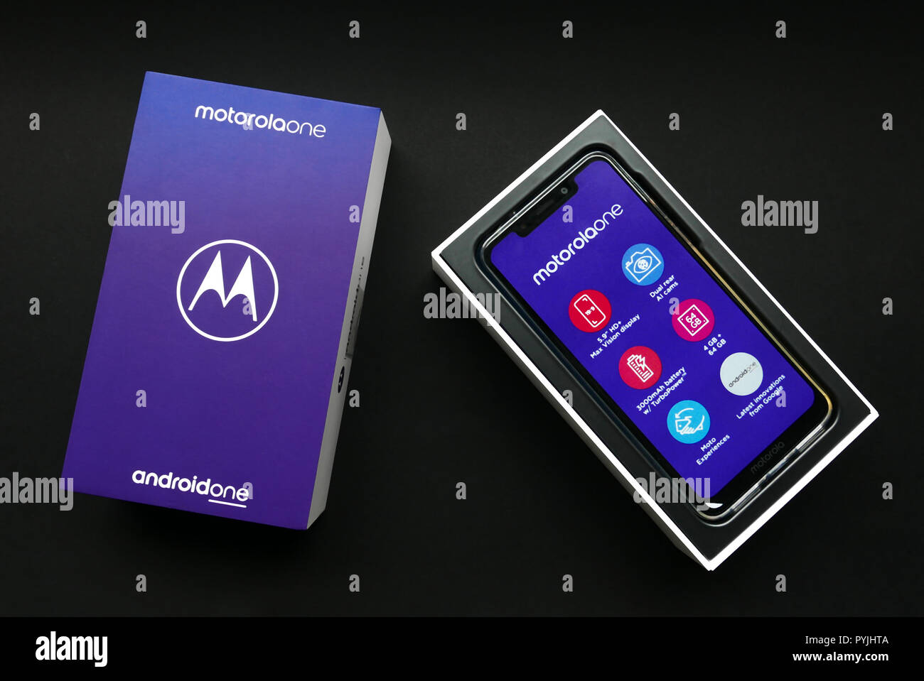 Warsaw, Poland - October 26, 2018: Motorola ONE, unboxing of new model ...