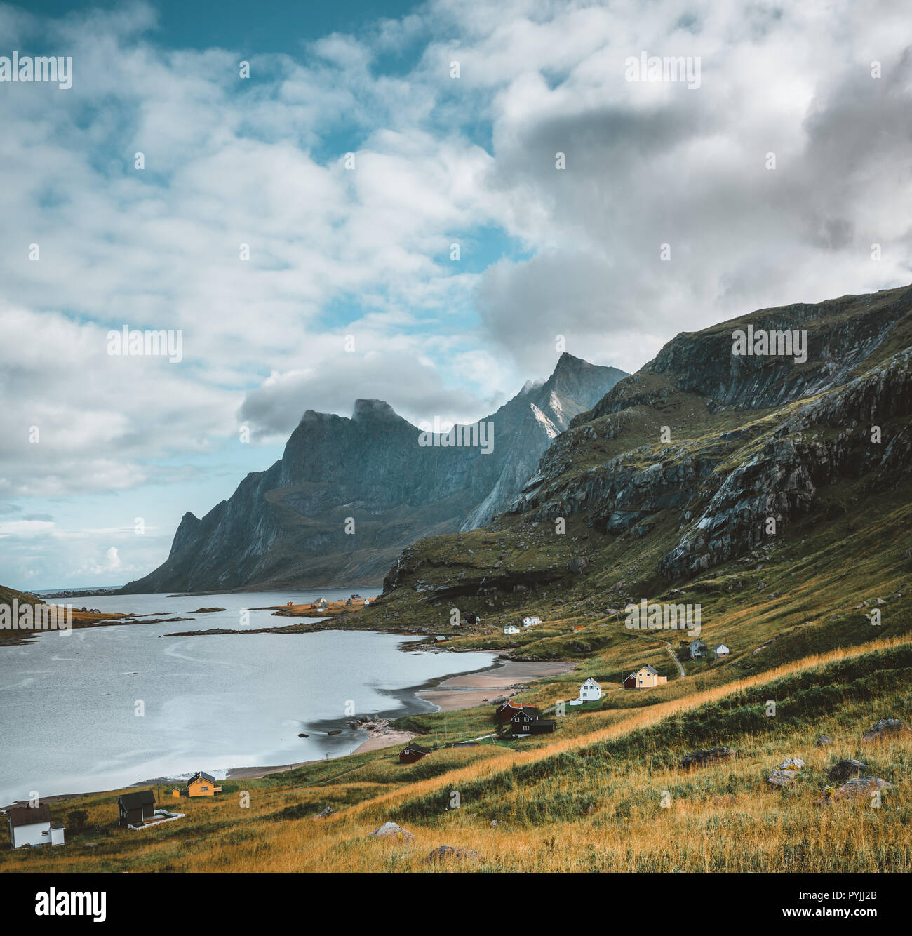 Hiking impressions at Bunes sand beach with view to Bunes Fjorden at ...