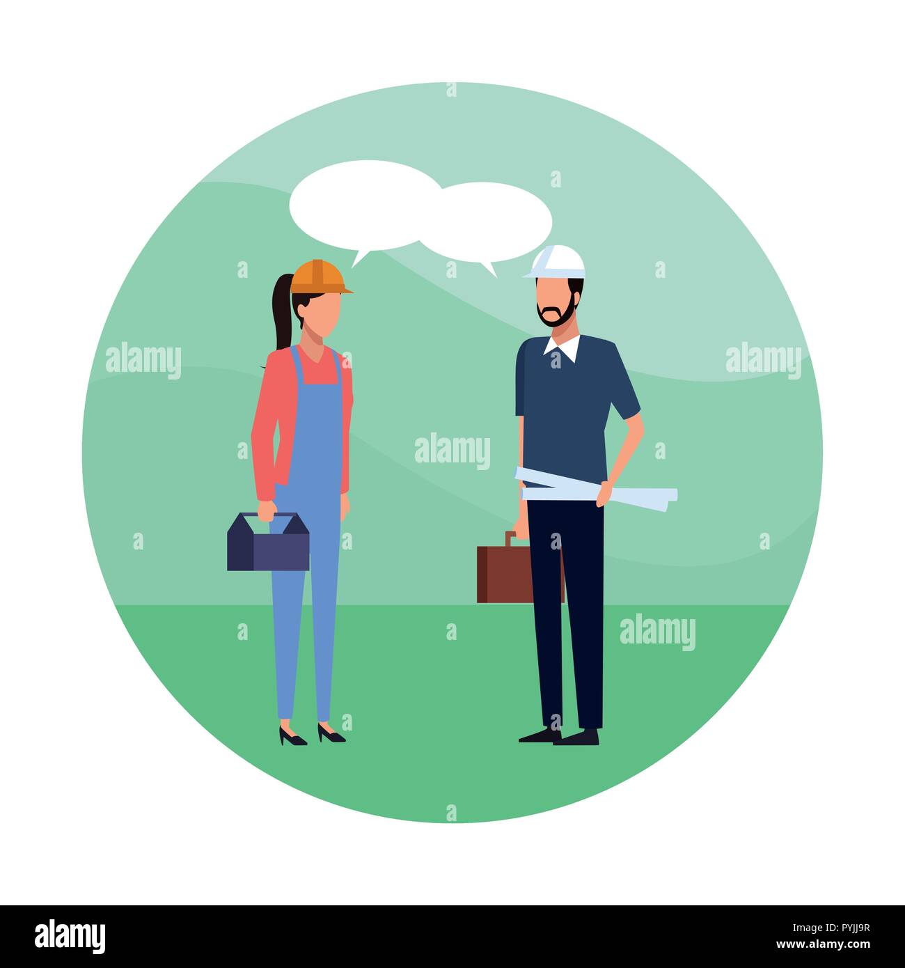 Architect with plans talking with construction worker round icon vector ...