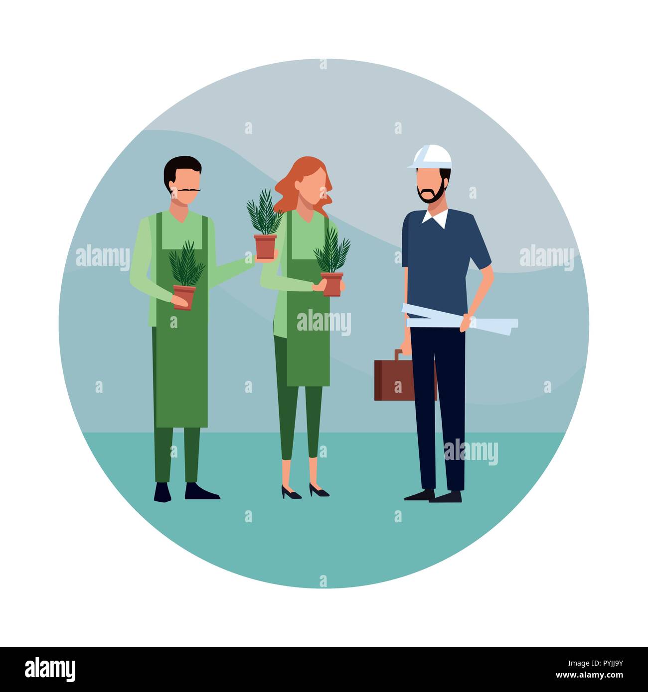 Architect with plans and gardeners with plant pots round icon vector ...