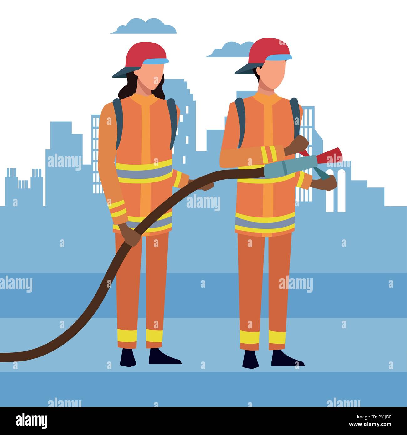 Firefighters team with firehose at city vector illustration graphic ...