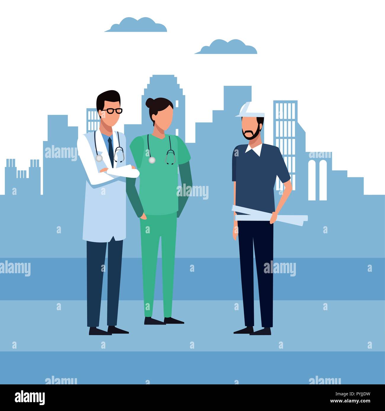 Architect with plans and doctors team over cityscape vector ...
