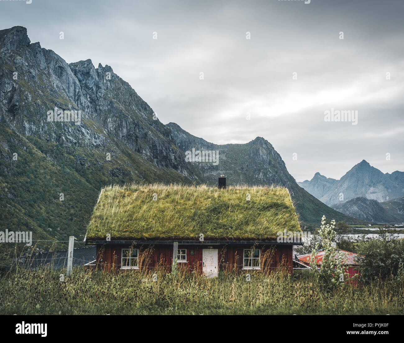 Lofoten Islands Norway - September 2018: House with traditional grass ...