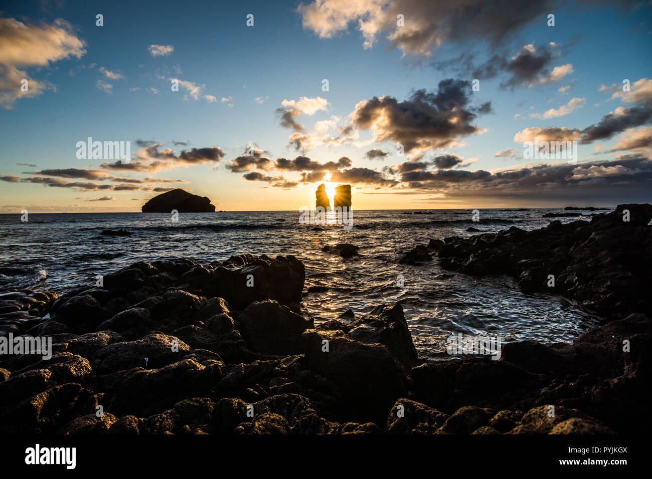 Amazing sunset over Mosteiros beach Sao Miguel, Azores Islands Stock ...