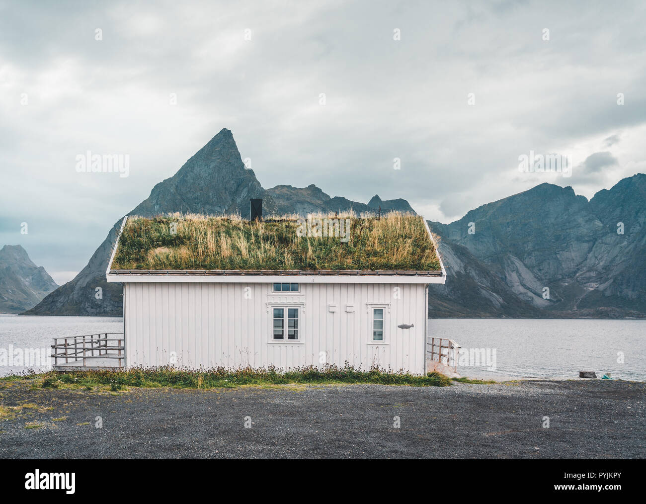 Lofoten Islands Norway - September 2018: House with traditional grass ...