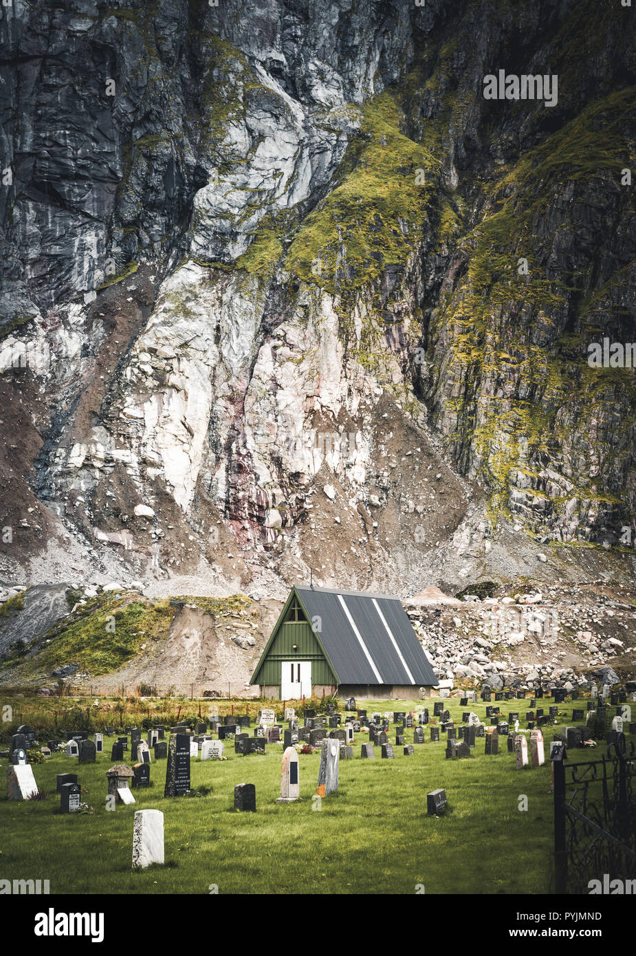 Flakstad Church with mountains in the background, exquisite XVIII ...