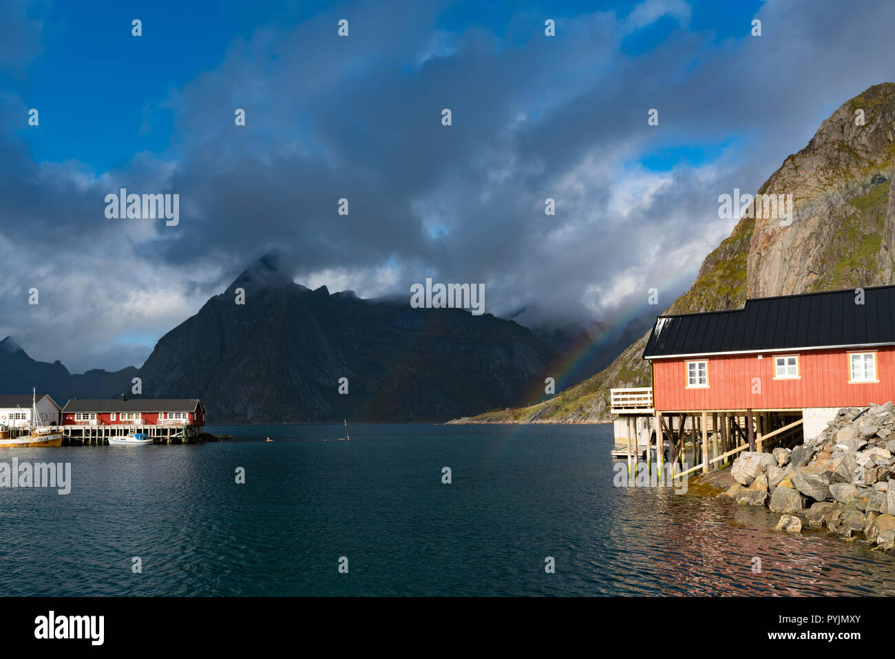 Rainbow ofer red houses rorbuer of Reine in Lofoten, Norway with red ...
