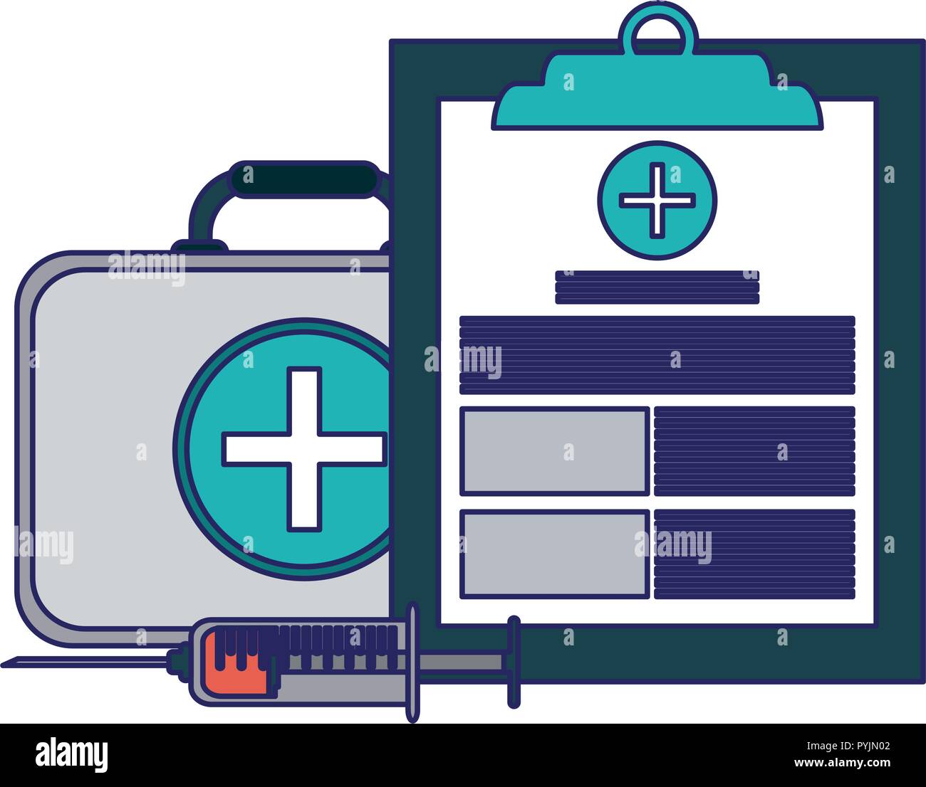 Medical clipboard with first aids suitcase and syringe vector ...