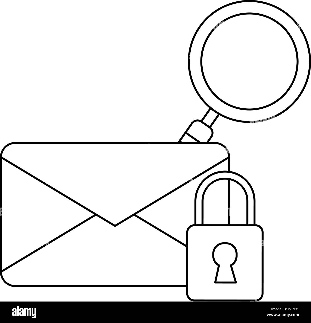 Secure email with padlock and magnifying glass symbols vector ...