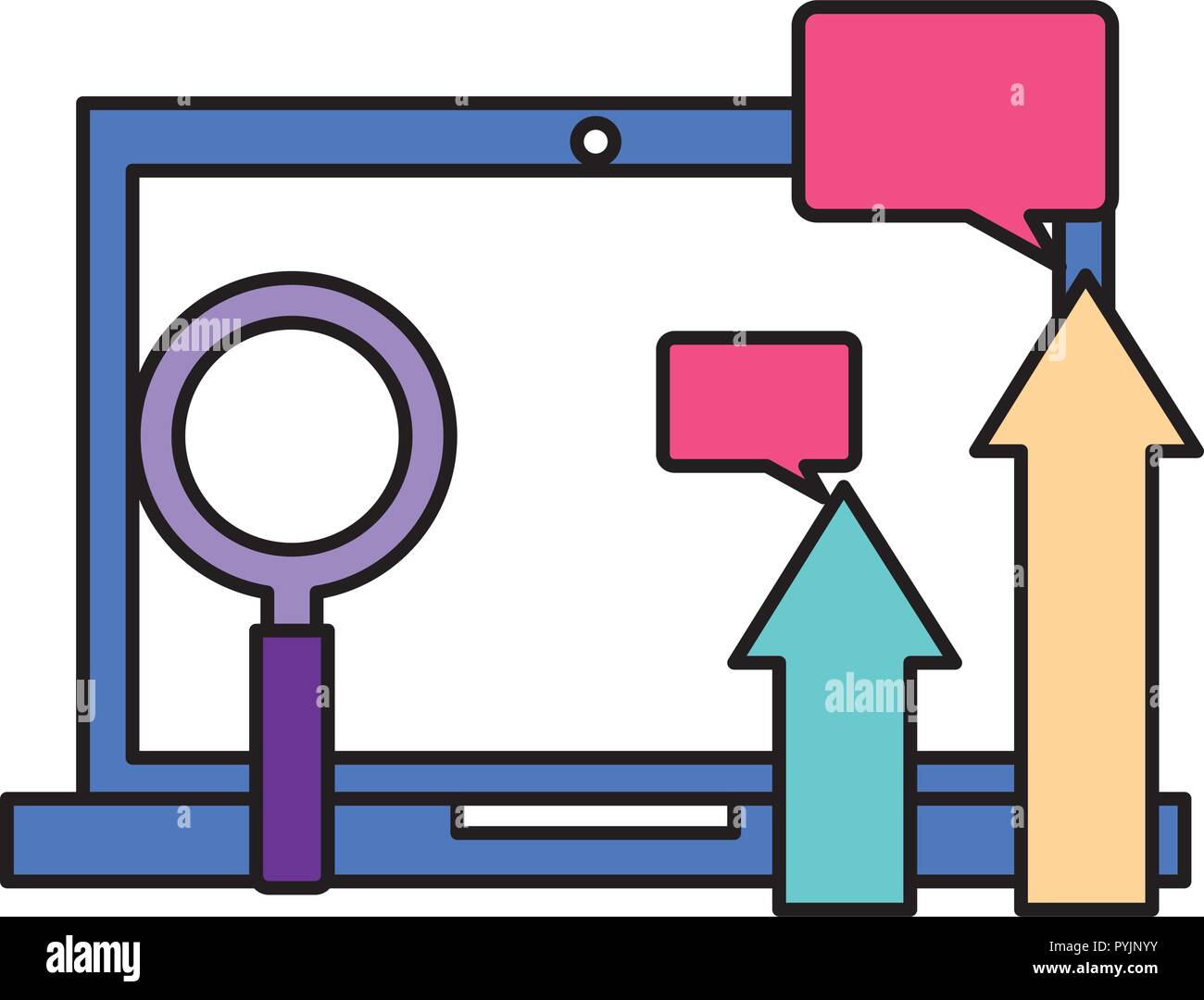 laptop computer arrows magnifying glass speech bubble Stock Vector ...