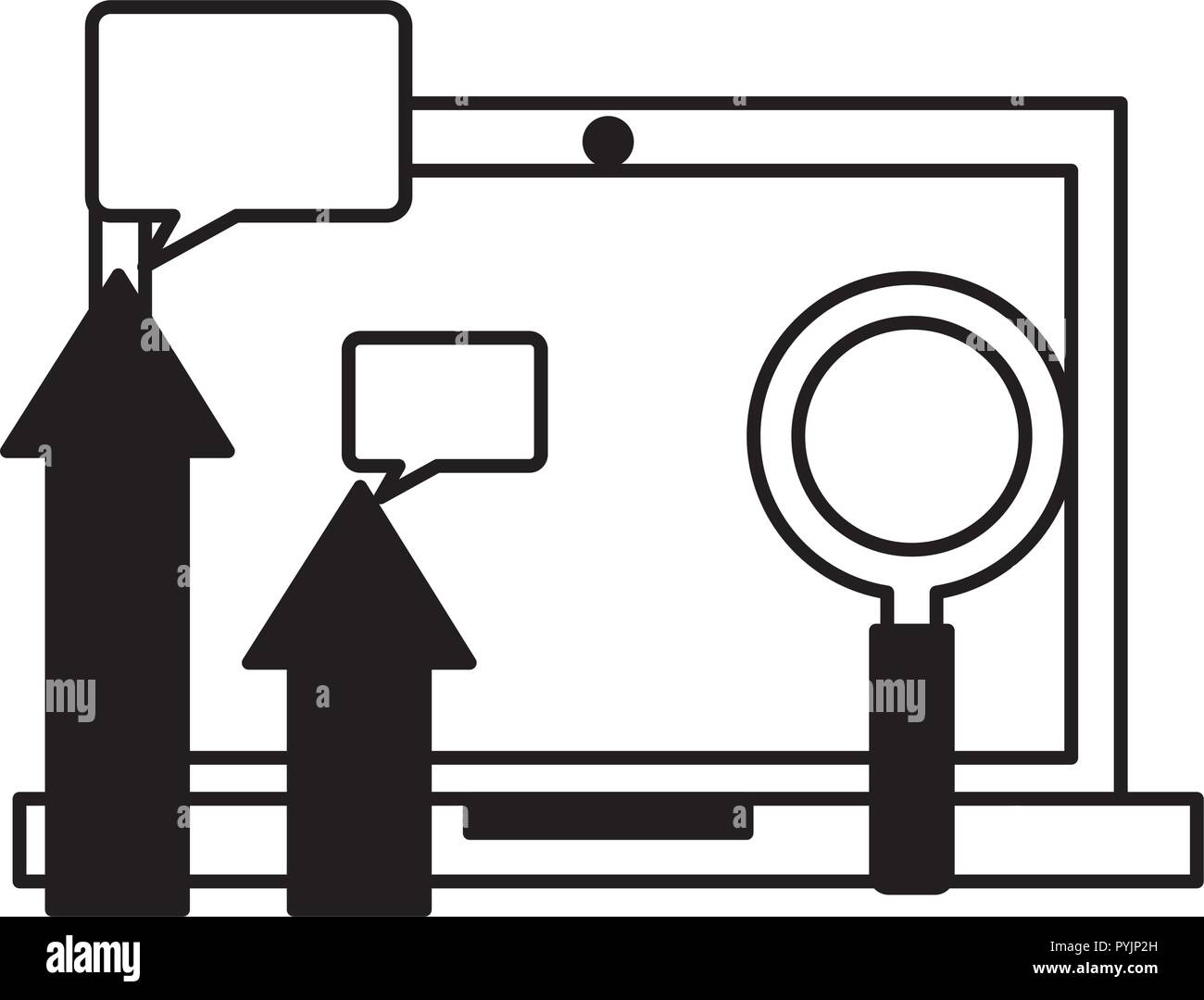 laptop computer arrows magnifying glass speech bubble Stock Vector ...