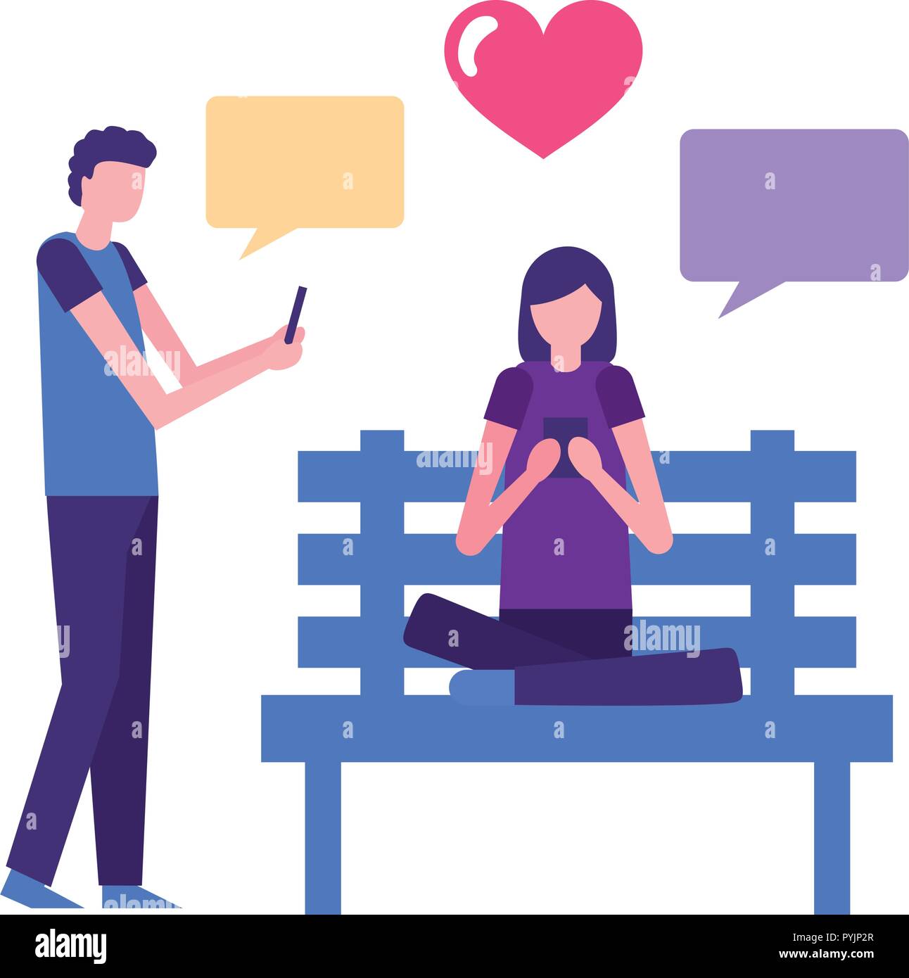 couple using mobile in the bench park Stock Vector Image & Art - Alamy