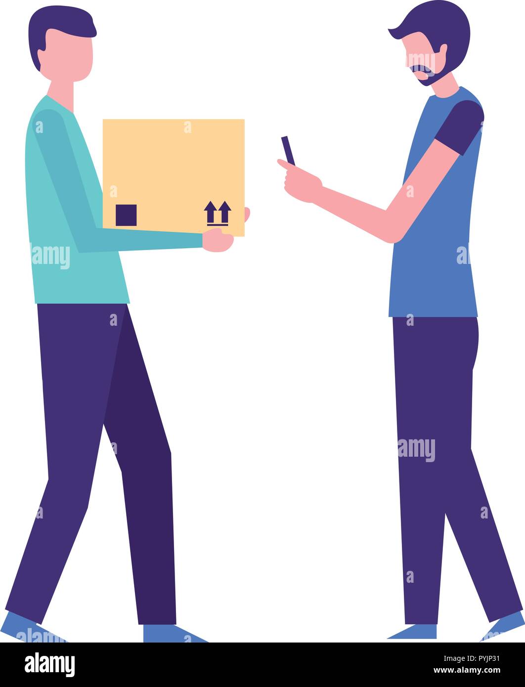 delivery man with box and man using mobile Stock Vector Image & Art - Alamy
