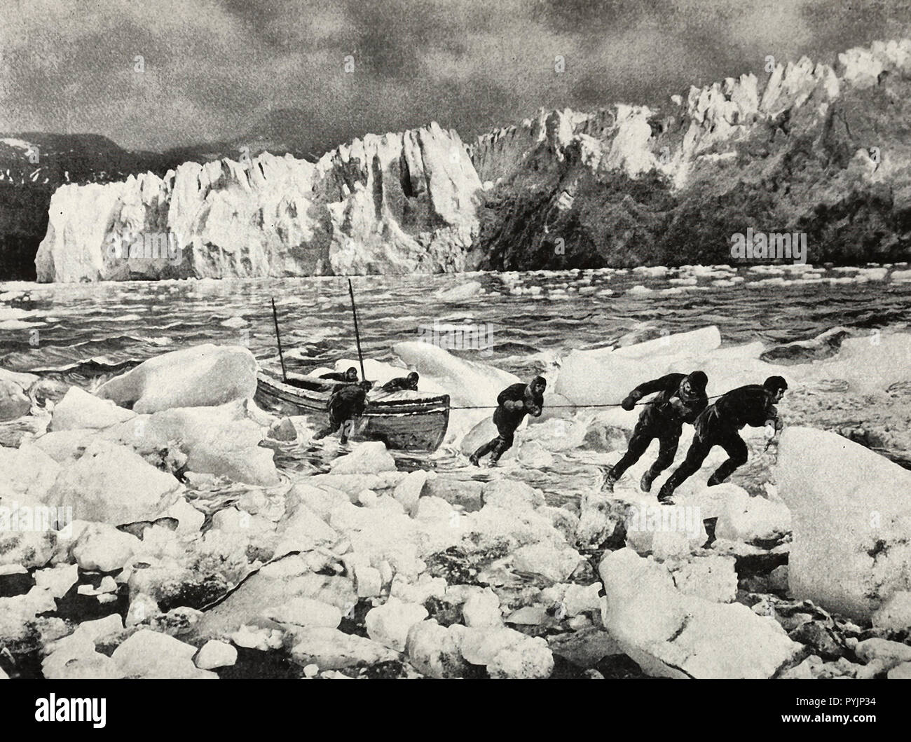 Hauling the James Caird through the ice blocks on the desolate shores ...