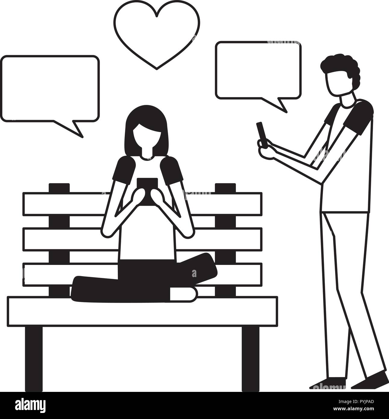 couple using mobile in the bench park Stock Vector Image & Art - Alamy