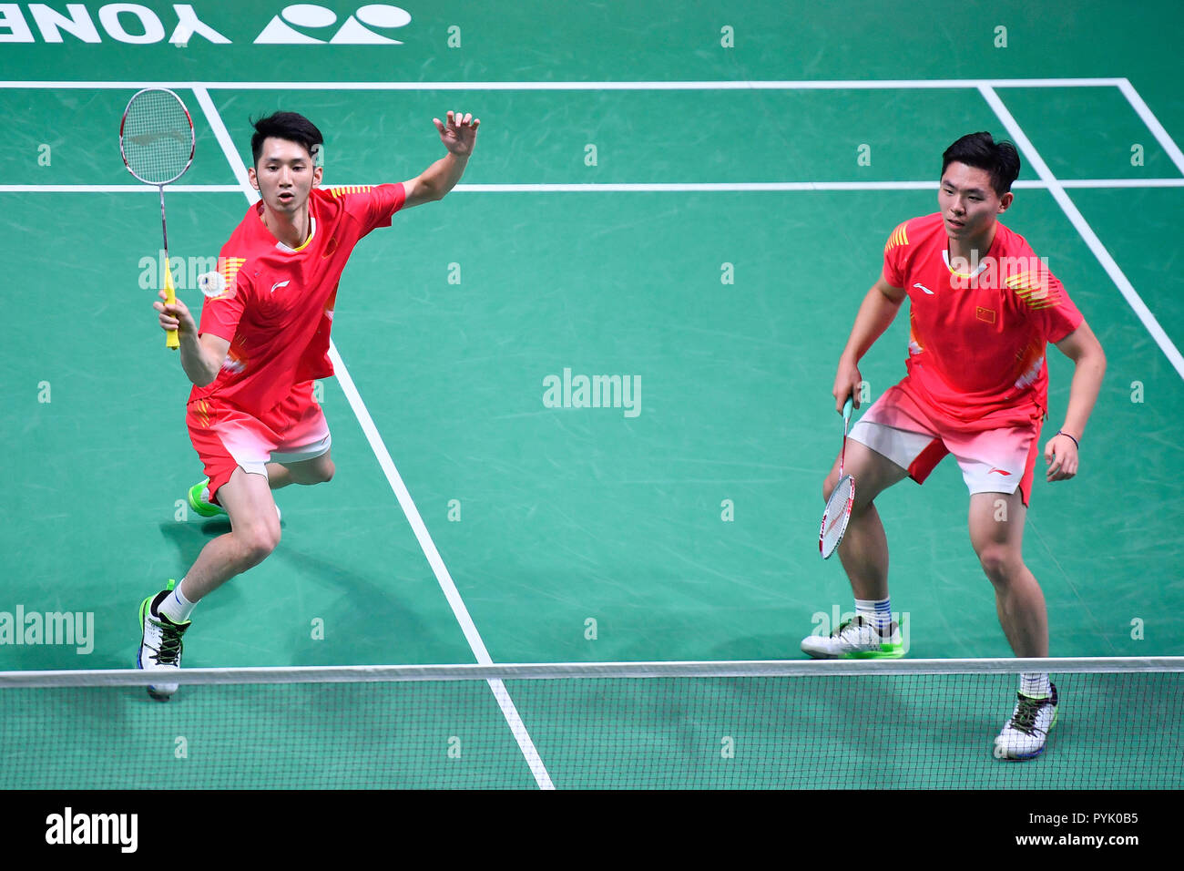 Paris, France. 28 October 2018. Han Chengkai (L) /Zhou Haodong of China compete during the men's ...