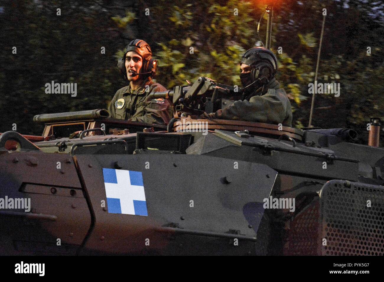Thessaloniki, Greece. 28th Oct, 2018. Crew of armoured vehicle seen on ...