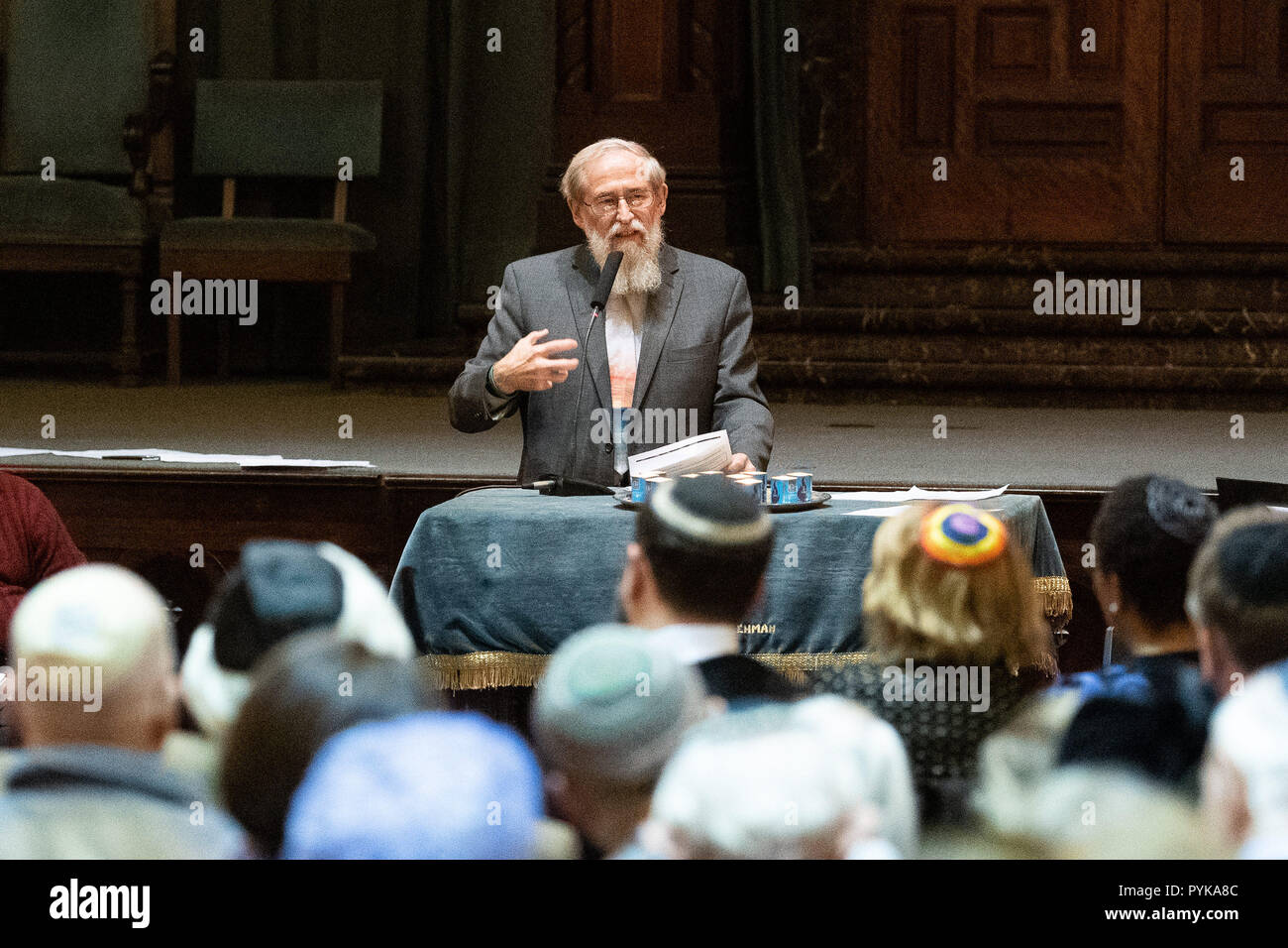 New York, NY, USA. 28th Oct, 2018. Rabbi Saul Berman speaking at the ...
