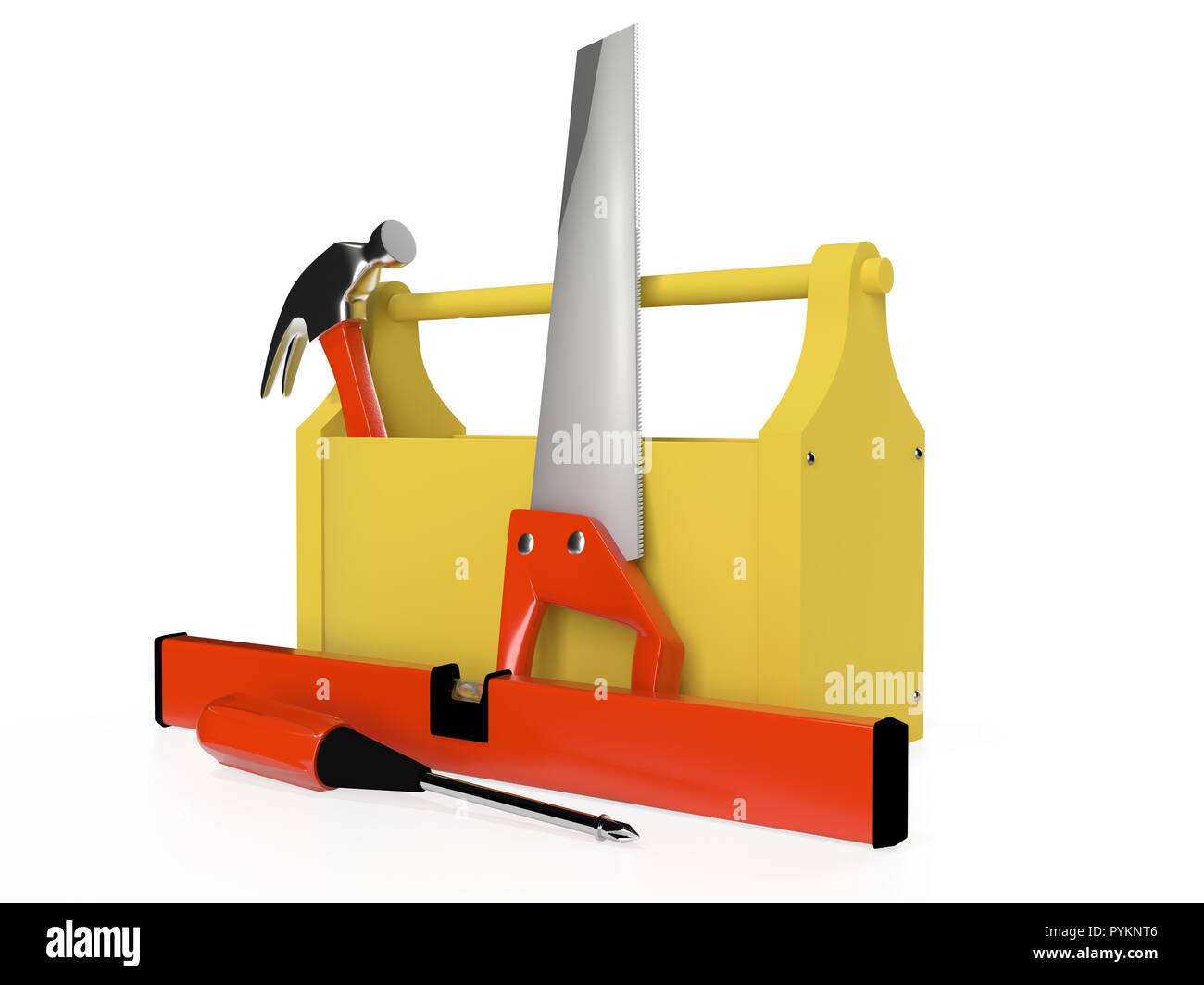 Toolbox with a hammer, bubble level,, screwdriver and handsaw, isolated ...