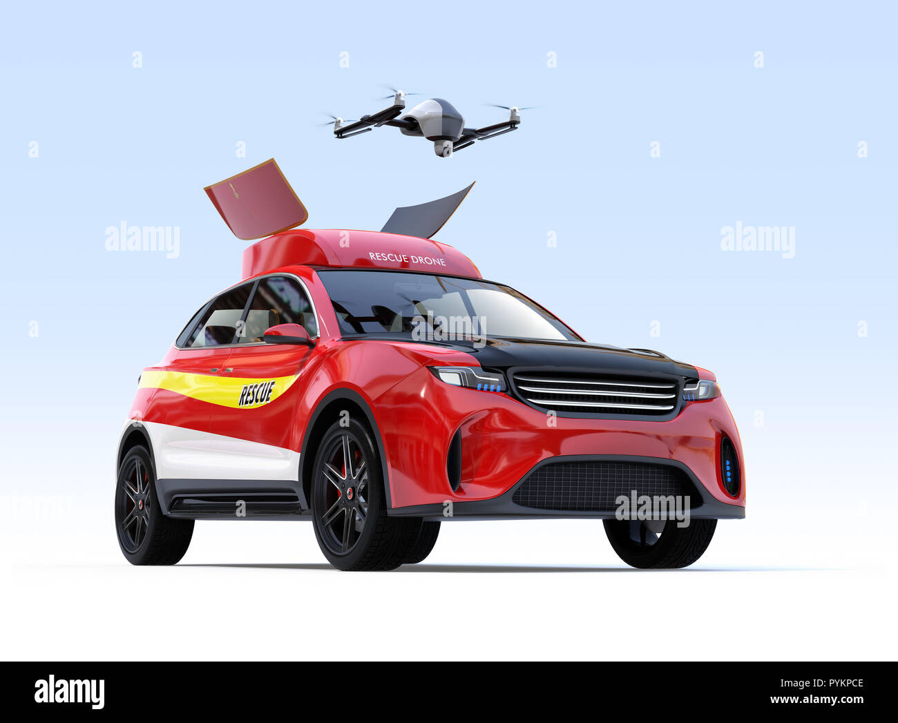 Quadcopter drone take off from electric rescue SUV. 3D rendering image ...