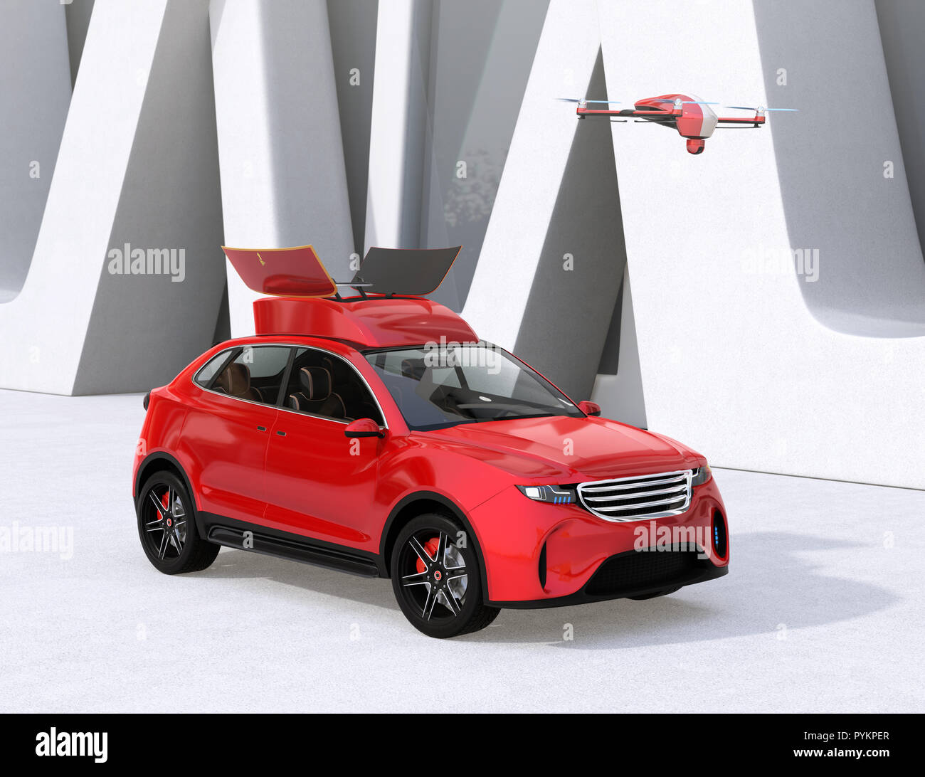 Red electric SUV released drone for leisure entertainment. 3D rendering ...