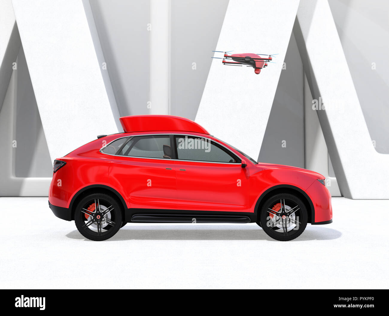 Side view of red electric SUV released drone for leisure entertainment ...