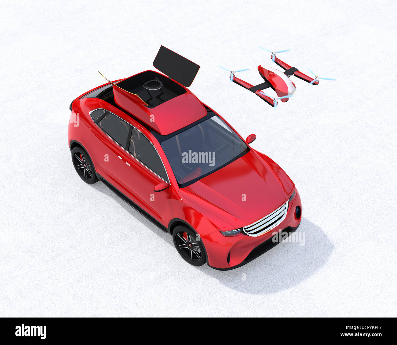 Quadcopter drone take off from electric rescue SUV on white background ...