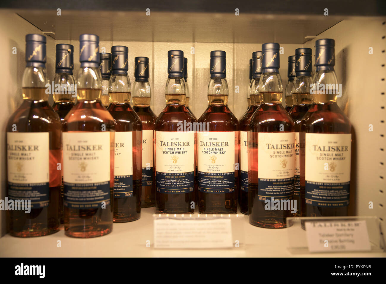 Whisky bottles in Talisker distillery. Carbost, Loch Harport, Minginish ...
