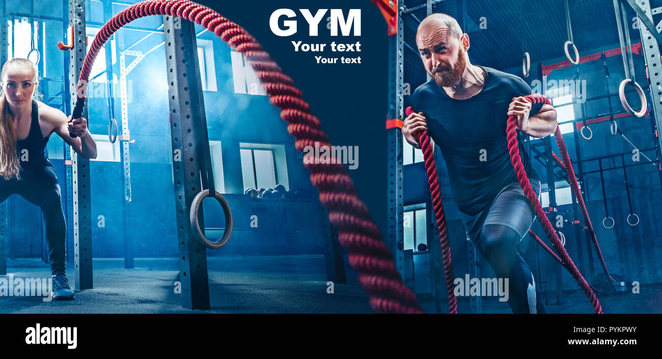 Collage about man and woman with battle ropes exercise in the fitness ...