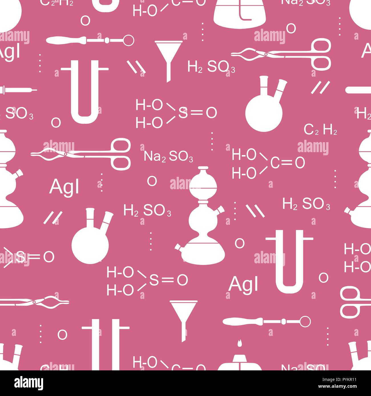 Scientific vector seamless pattern with flasks, burners, funnels, tools ...