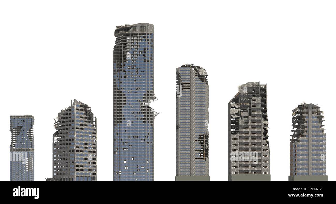Ruined Skyscrapers Isolated On White 3D Illustration Stock Photo - Alamy