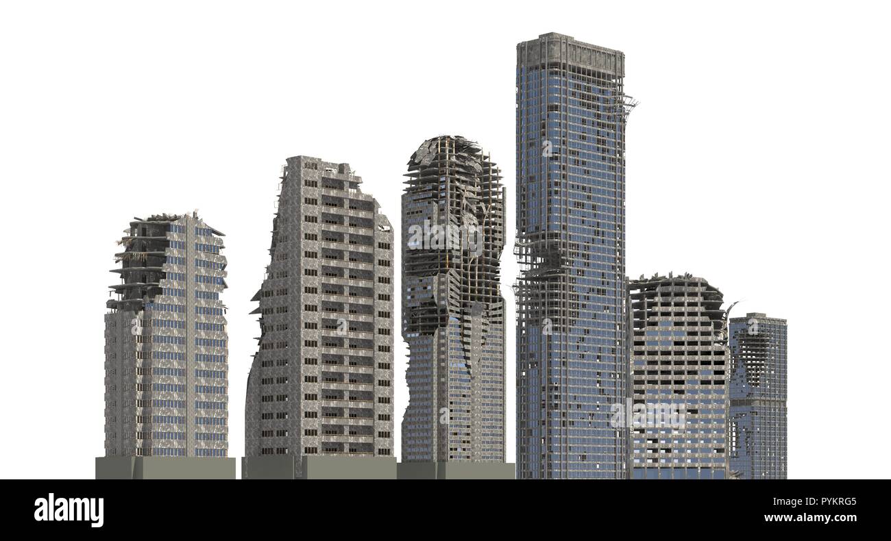 Ruined Skyscrapers Isolated On White 3D Illustration Stock Photo - Alamy