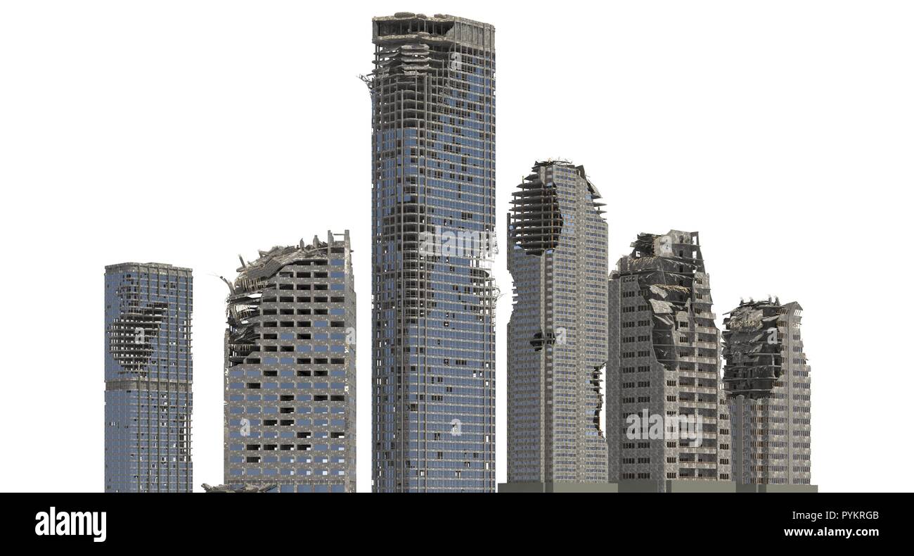 Ruined Skyscrapers Isolated On White 3D Illustration Stock Photo - Alamy