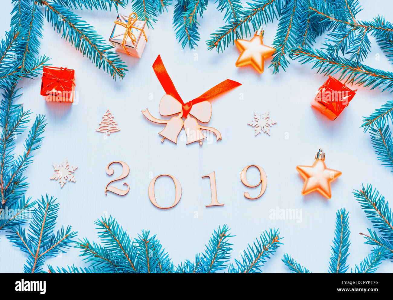 New Year 2019 background with 2019 figures, Christmas toys, fir ...