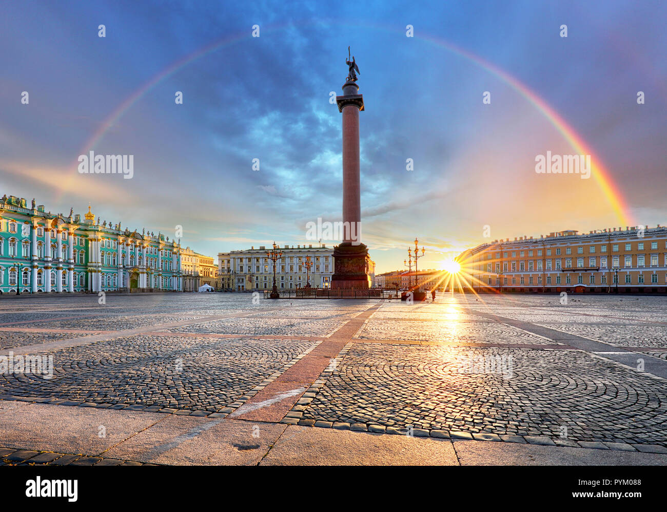 Saint Petersburg with rainbow over winter palace square, Russia Stock ...