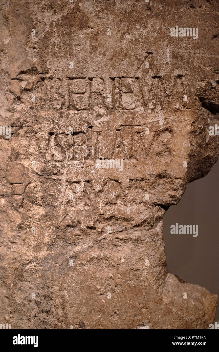 Detail of a 26-36 CE limestone which bears Latin dedicatory inscription ...