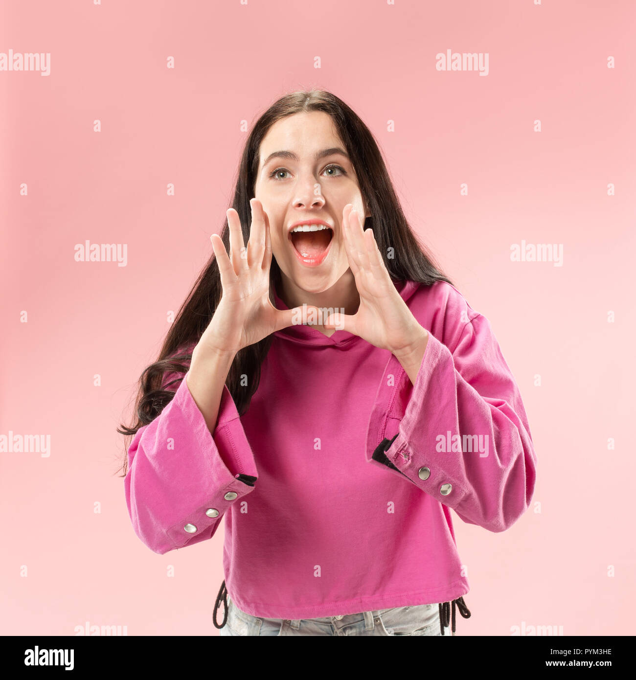 Do not miss. Young casual woman shouting. Shout. Crying emotional woman ...