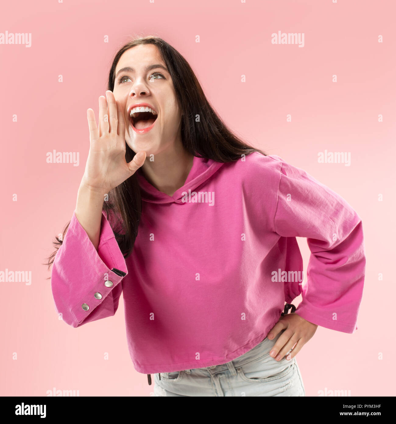 Do not miss. Young casual woman shouting. Shout. Crying emotional woman ...