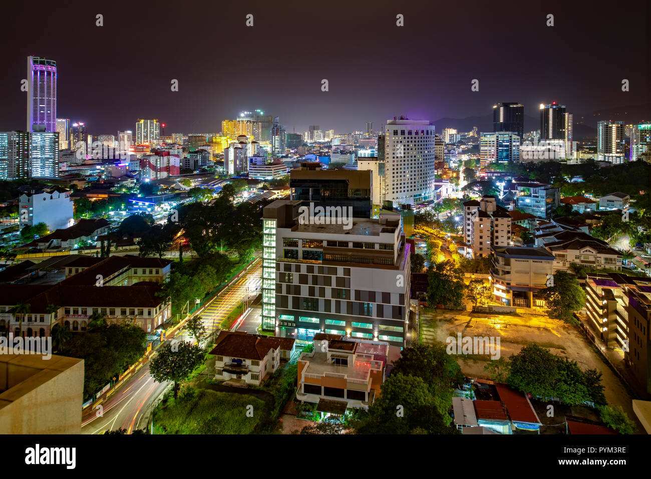 Aerial night panorama view of Penang cityscape with illuminated ...