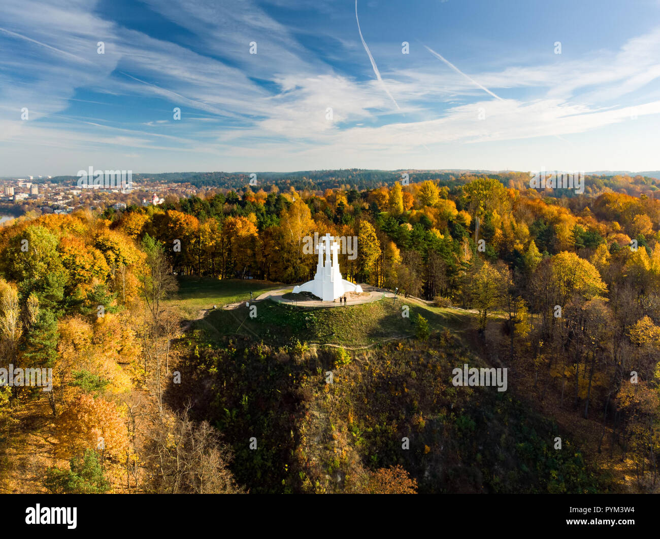 Aerial view of the Three Crosses monument overlooking Vilnius Old Town ...