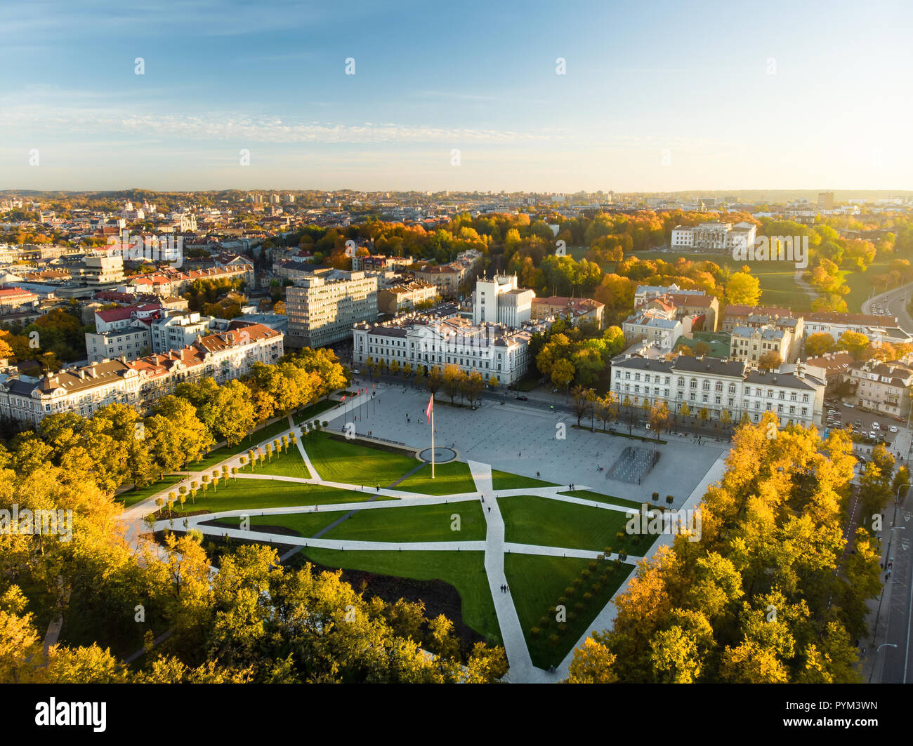 Aerial view of newly renovated Lukiskes square, Vilnius. Sunset ...