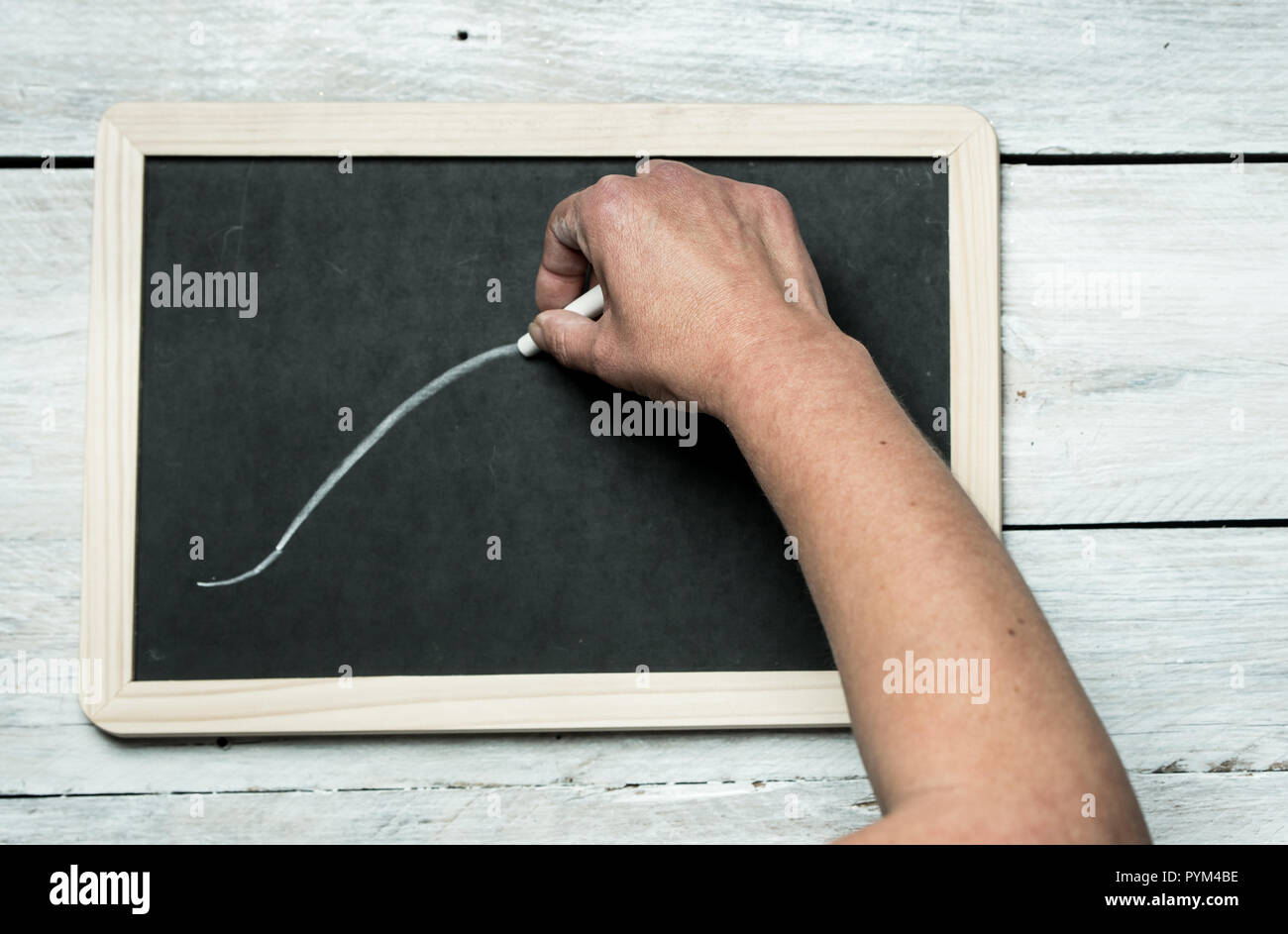 Hand with white chalk draw on the blackboard, leave a message, be ...