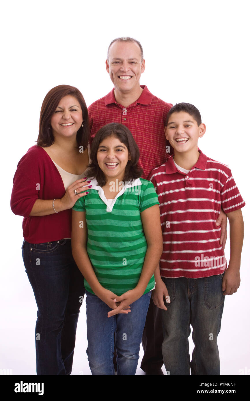Happy Hispanic family hugging isolated on white Stock Photo - Alamy