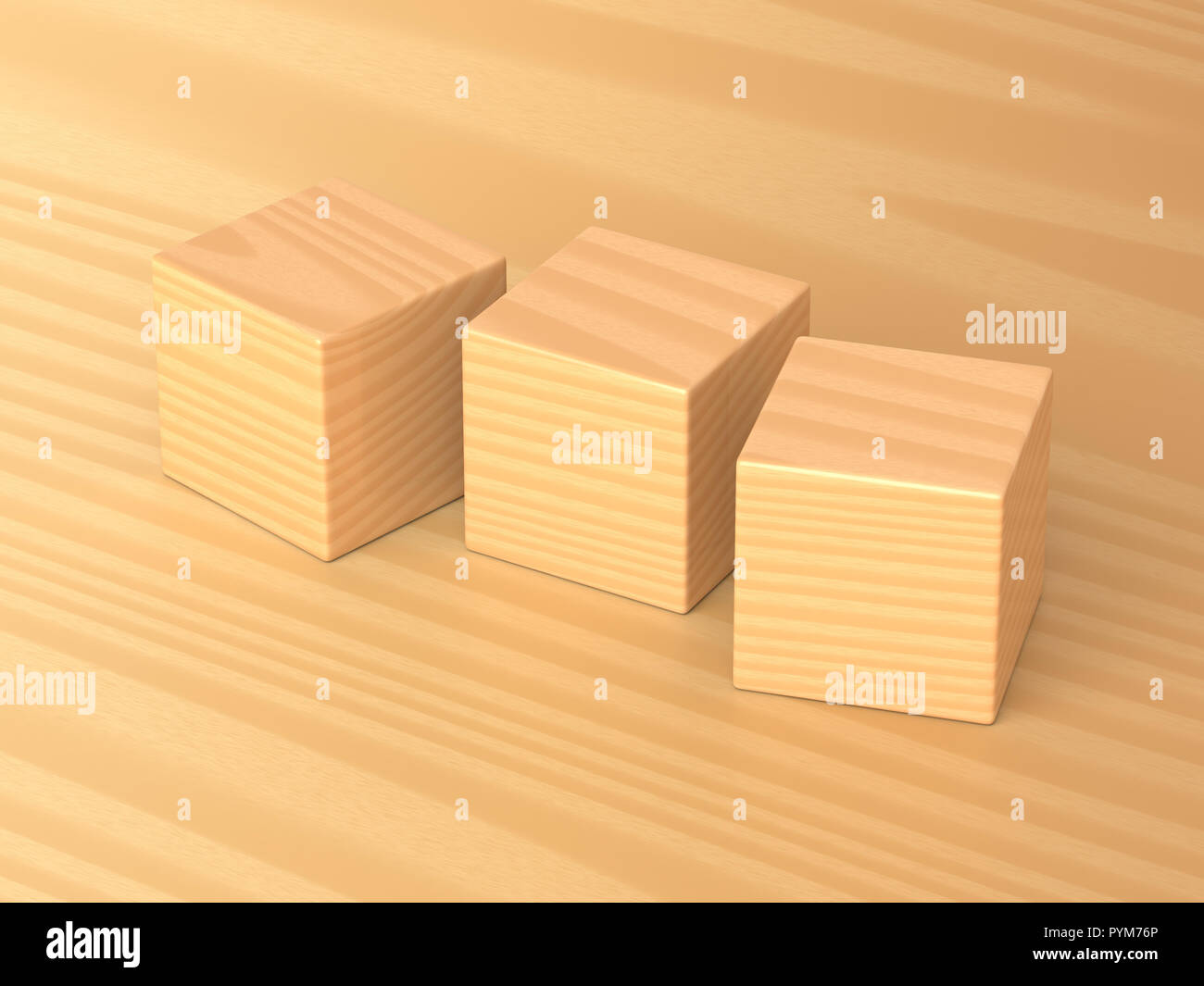 3d rendered angled view of a row of plain wooden toy blocks on a light ...