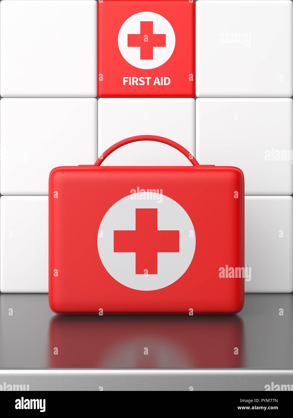 3d rendered front view of a red plastic first aid box on a metal ...